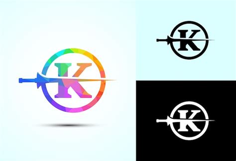 영어 알파 K와 스피어 랜스 크리에이티브 스피어 로고 디자인 템플릿 프리미엄 벡터