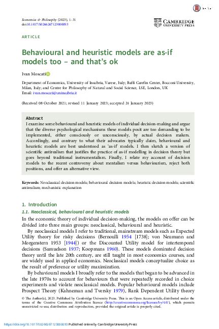 Pdf Behavioural And Heuristic Models Are As If Models Too And Thats Ok