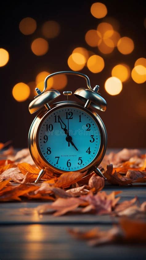 Alarm Clock With Orange Leaves On A Wooden Table Time Shift Symbolism Stock Illustration