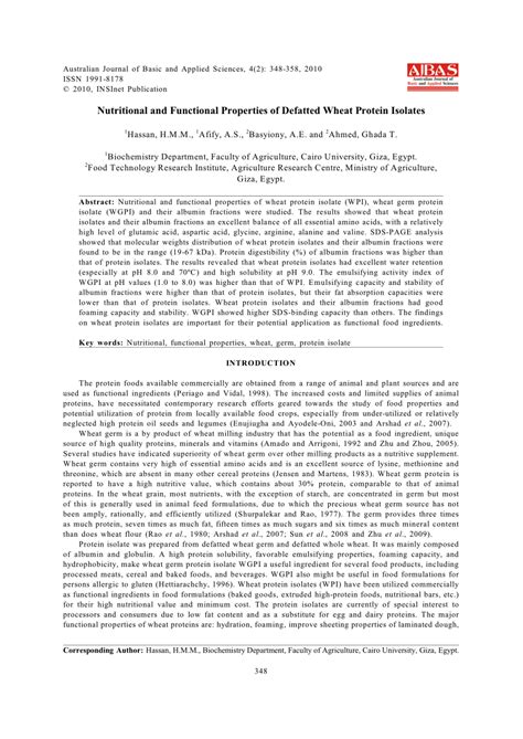 Pdf Nutritional And Functional Properties Of Defatted Wheat Protein