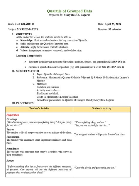 detailed lesson plan on quartile of grouped data pdf quartile cognition