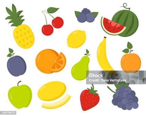귀여운 재미있는 어린아이 같은 과일과 열매 세트 바나나 체리 딸기 레몬 오렌지 배 멜론 트렌디한 여름 과일 아동용 문구류 섬유 교육 자료를 위한 디자인 요소 과일에 대한
