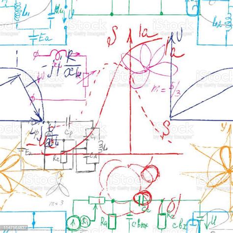 필기 수학 및 물리적 수식 전자 부품 회로도 및 장치의 회로와 과학적인 완벽 한 배경 전기 패턴입니다 벡터 개발에 대한 스톡