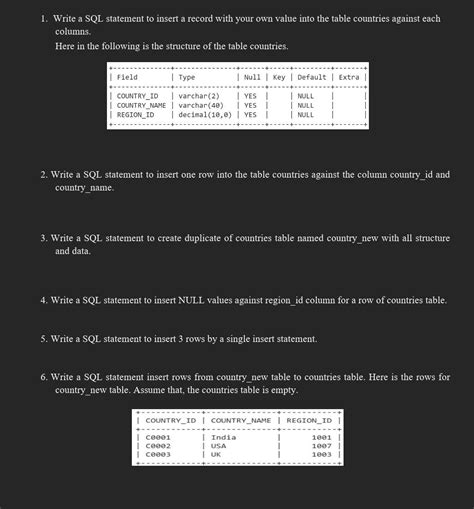 Solved Write A SQL Statement To Insert A Record With Your Chegg