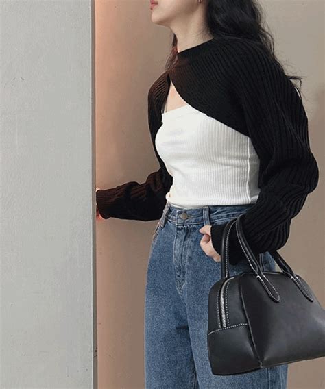 데일리유니크 크롭 숏 골지 언발 사선 트임 레이어드 볼레로 니트 가디건 4color 에이블리