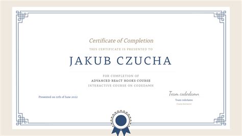 Jakub Czuchas Certification For Advanced React Hooks Course Codedamn