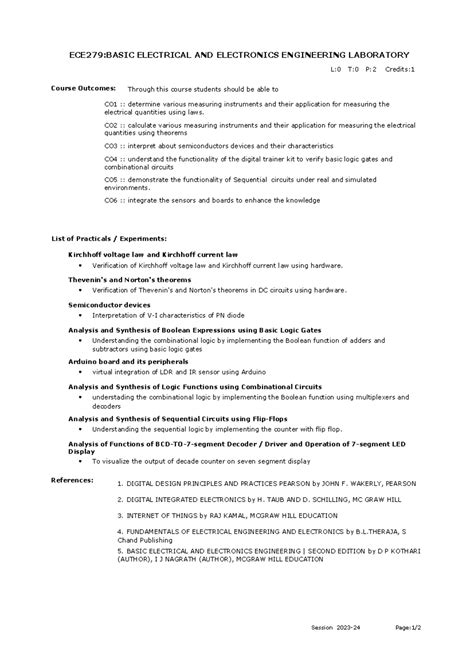 1 Ece279 Lab Ece279 Basic Electrical And Electronics Engineering Laboratory Course Outcomes