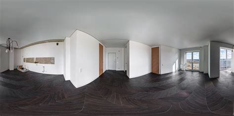 전체 원활한 구형 Hdri 360 파노라마 정방형 프로젝션 Vr 콘텐츠의 현대 평면 아파트의 빈 방 내부 360도 촬영에 대한