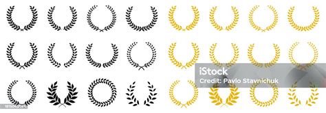 승리의 월계관 아이콘입니다 블랙과 골드 실루엣 원형 월계수 잎사귀 밀과 오크 화환은 상 업적 문장 귀족을 묘사합니다 엠블럼 꽃 그리스어 분기 평면 아이콘 월계관에 대한 스톡