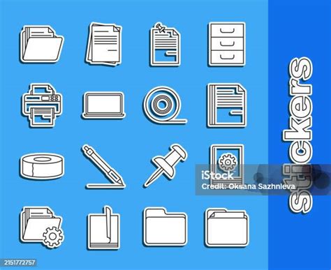 라인 문서 폴더 사용 설명서 파일 문서 고정된 푸시버튼이 있는 메모 용지 노트북 프린터 및 스카치 아이콘을 설정합니다 벡터 굴리기에 대한 스톡 벡터 아트 및 기타 이미지