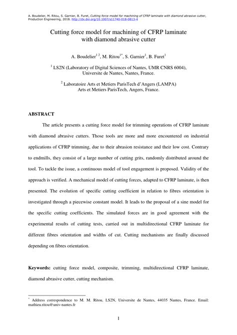 Pdf Cutting Force Model For Machining Of Cfrp Laminate With Diamond Abrasive Cutter