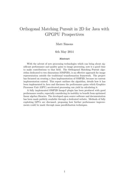 Orthogonal Matching Pursuit In 2d For Java With Gpgpu Prospectives Pdf