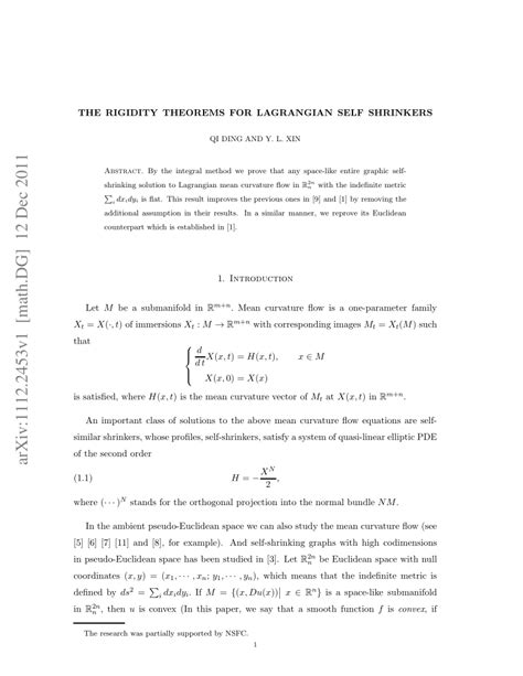 Pdf The Rigidity Theorems For Lagrangian Self Shrinkers