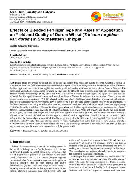 Pdf Effects Of Blended Fertilizer Type And Rates Of Application On Yield And Quality Of Durum