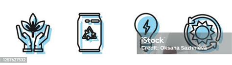 번개 기호와 라인 전구를 설정 환경 보호의 손에 식물 재활용 기호와 캔 및 태양 에너지 패널 아이콘 수 있습니다 벡터 녹색에 대한 스톡 벡터 아트 및 기타 이미지 Istock