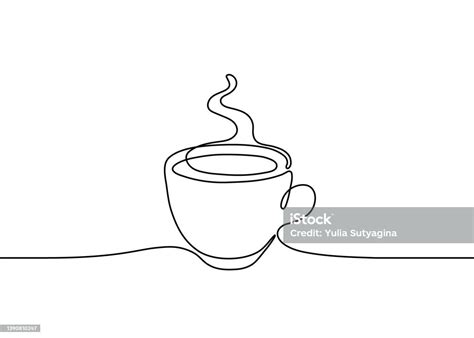 커피 한 잔 하나의 연속 선 그리기 간단한 추상적 인 개요는 스팀 음료와 함께 아름다운 머그잔을 설명합니다 벡터 일러스트 레이