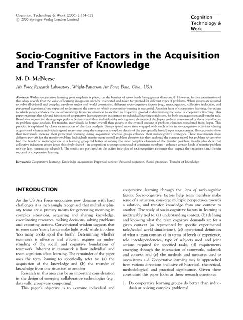 Pdf Socio Cognitive Factors In The Acquisition And Transfer Of Knowledge