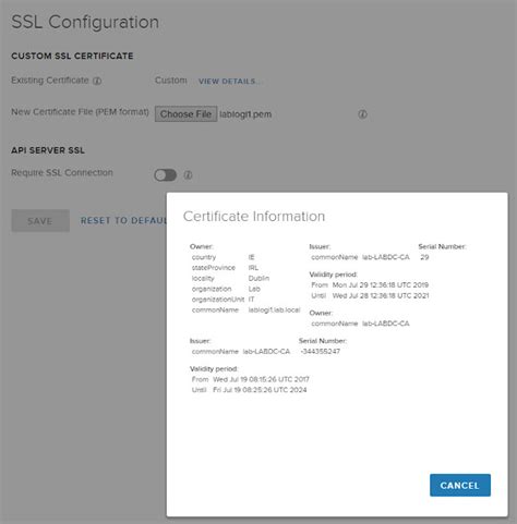 VMware Snapshots VMware Log Insight SSL