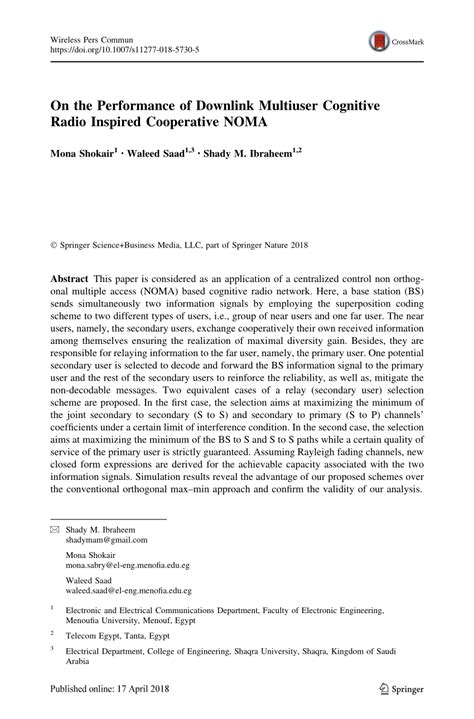 Pdf On The Performance Of Downlink Multiuser Cognitive Radio Inspired