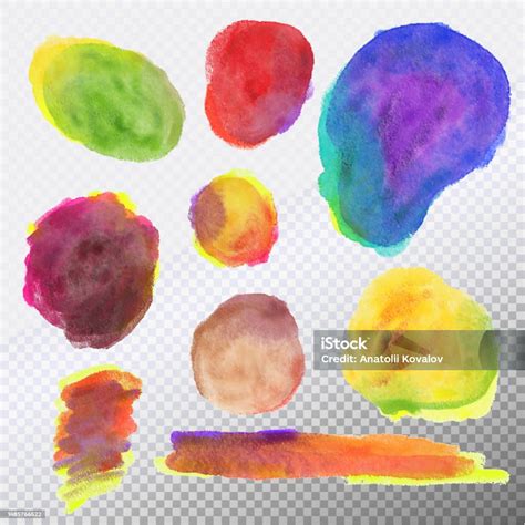 수채화 물감 브러시 반점 얼룩 스프레이 세트 다채로운 추상적인 수채화 배경 붓놀림 손으로 그린 무지개 그라데이션은 흰색 배경에 분리된 수채화로 그려져 있다 0명에 대한 스톡