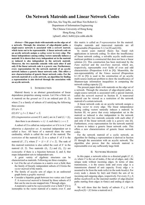 Pdf On Network Matroids And Linear Network Codes