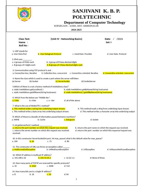 Networking Answer Set 1 Pdf Port Computer Networking Internet