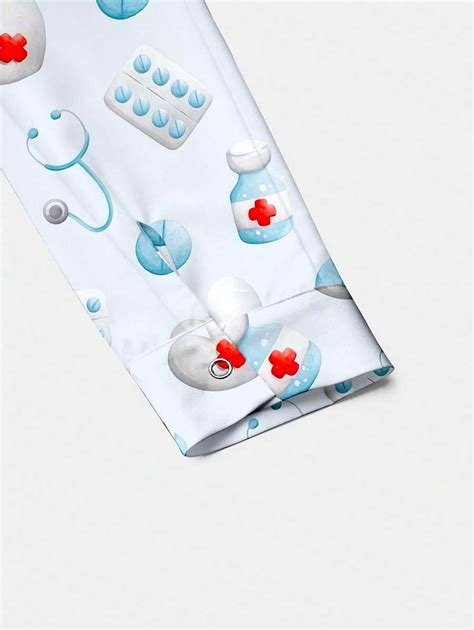 Shein Taskfit Womens Simple Lucky Graphic Long Sleeve Pocket Nurse