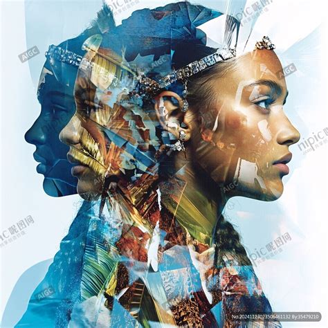 Ai创作图创造性人工智能 意识流 创意拼接 面部抽象结合 人脸形状 创意民族女孩 人类智慧 虚拟的脸 人类技术 抽象意识 人类的智慧与创造力 创新之美 虚拟头像 几何人脸 人脸色块拼接装饰画