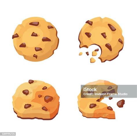쿠키 아이콘 집합입니다 소셜 미디어와 웹 디자인을 위해 흰색 배경에 고립 된 초콜릿 파삭 파삭 한 전통적인 쿠키를 물고 벡터 일러스트레이션 빵가루 음식에 대한 스톡 벡터