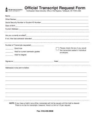 Fillable Online Official Transcript Request Form Offices Northeastern State Fax Email