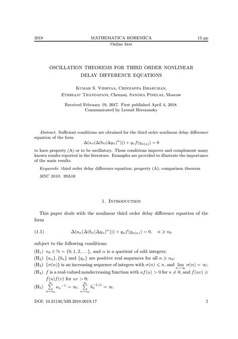 Pdf Oscillation Theorems For Third Order Nonlinear Delay Difference