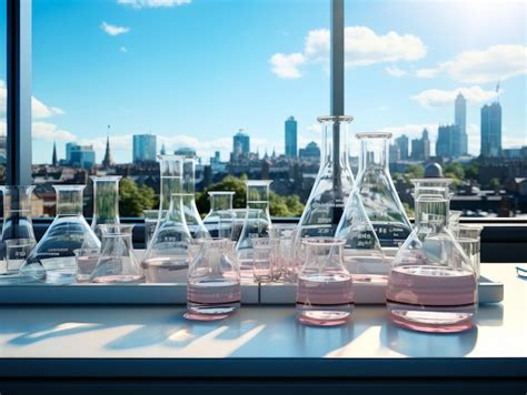 Premium Photo Laboratory Beakers Test Tubes And Flasks On Table With View Of The City In The