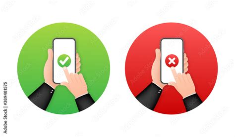 Hands Holding Smartphones With Checkmarks Set Tick And Cross Check Marks Vector Stock