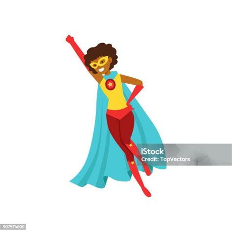 전통적인 영웅 포즈 만화 벡터 일러스트 레이 션에에서 비행 슈퍼 영웅으로 아프리카 미국 여자 캐릭터 옷 개념에 대한 스톡 벡터