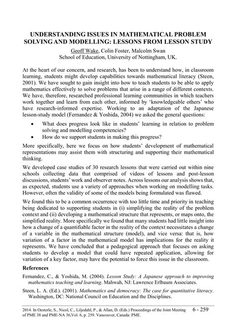 Understanding Issues In Mathematical Problem Solving And Modeling Lessons From Lesson Study