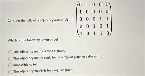 Solved Consider the following adjacency matrix: | Chegg.com