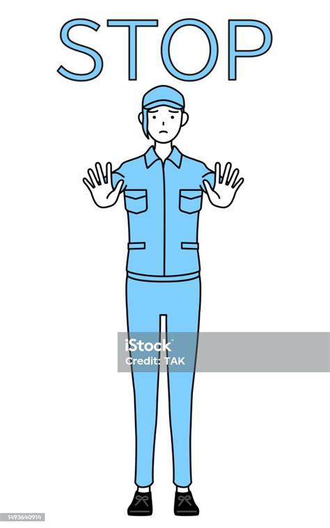 모자를 쓰고 작업복을 입은 여자가 몸 앞에 손을 내밀고 정지 신호를 보낸다 거절에 대한 스톡 벡터 아트 및 기타 이미지 거절 거절하기 경영자 Istock