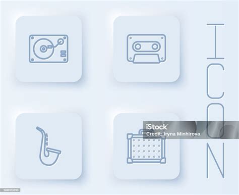 비닐 디스크 레트로 오디오 카세트 테이프 색소폰 및 기타 앰프가 있는 라인 비닐 플레이어를 설정합니다 흰색 사각형 버튼입니다 벡터 Classical Concert에 대한