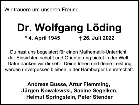 Traueranzeigen Von Wolfgang Löding Hamburgertrauer De