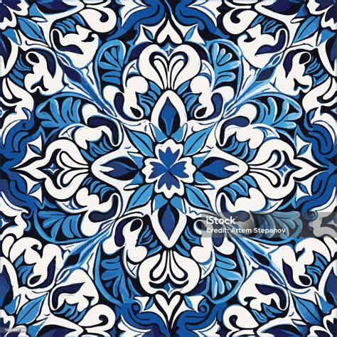 레트로 Azulejo 모자이크 타일 빈티지 포르투갈어 벽 세라믹 원활한 패턴 오래 된 파란색 타일 배경 가정 생활에 대한 스톡 벡터 아트 및 기타 이미지 Istock