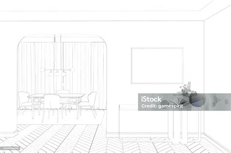 현대 콘솔 위에 수평 포스터가있는 우아한 방의 스케치 식탁 위의 샹들리에가있는 식당의 아치 커튼이있는 창문 옆의 의자 정면도 3차원 형태에 대한 스톡 벡터 아트 및 기타