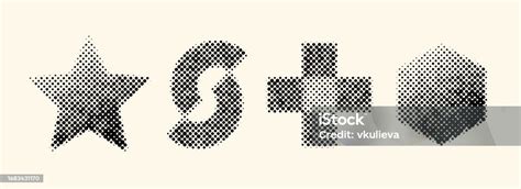 하프톤 기하학적 모양이 설정되었습니다 점선으로 된 십자가 별 육각형 및 그라디언트가 있는 호 요소 배너 포스터 콜라주 전단지 소책자 브로셔 표지를 위한 검은색 질감의 개체