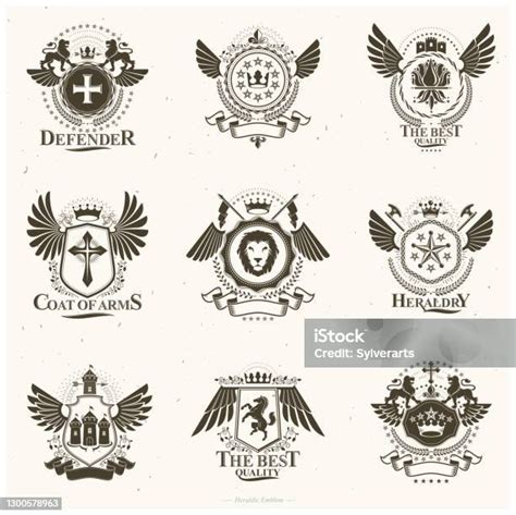 빈티지 엠블럼 벡터 전령 디자인 무기 컬렉션의 코트 벡터 세트 0명에 대한 스톡 벡터 아트 및 기타 이미지 0명 골동품 군사 Istock