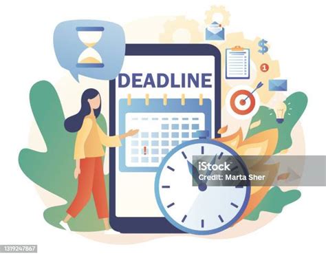 시간 관리 및 생산성 제어를 위한 스마트폰 앱 마감일 개념입니다 작은 여자는 워크 플로우 효과적인 시간 관리를 구성합니다 현대 플랫 만화 스타일 벡터 일러스트레이션 개념에