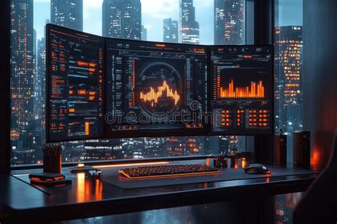 A Futuristic Workspace With Multiple Screens Displaying Data And Analytics In A Cityscape Stock
