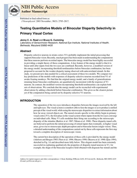 Pdf Testing Quantitative Models Of Binocular Disparity Selectivity In Primary Visual Cortex