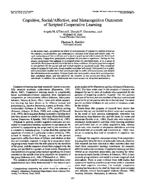Pdf Cognitive Social Affective And Metacognitive Outcomes Of Scripted Cooperative Learning