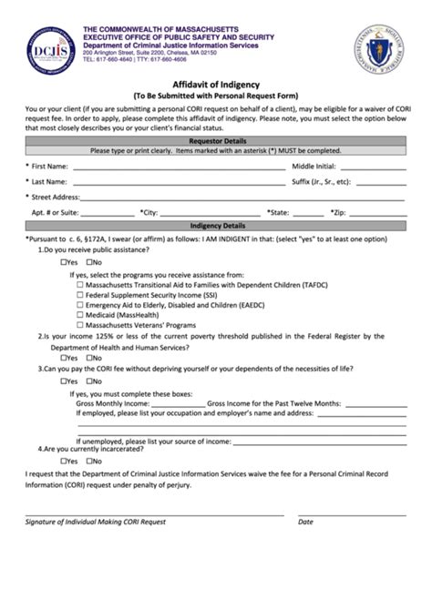 Fillable Affidavit Of Indigency Form Printable Pdf Download