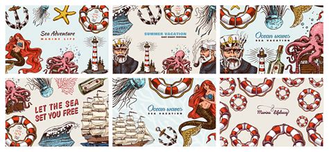해상 포스터 세트 바다 배너 또는 배경 등대 인어 및 해양 선장 문어 및 운송 항해 오래된 선원 파도 선원 및 구명 부표 손으로 그린 오래된 스케치 수병에 대한 스톡 벡터