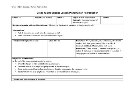 Grade 12 Life Science Lesson Plan Human Reproduction And Hormones Studocu